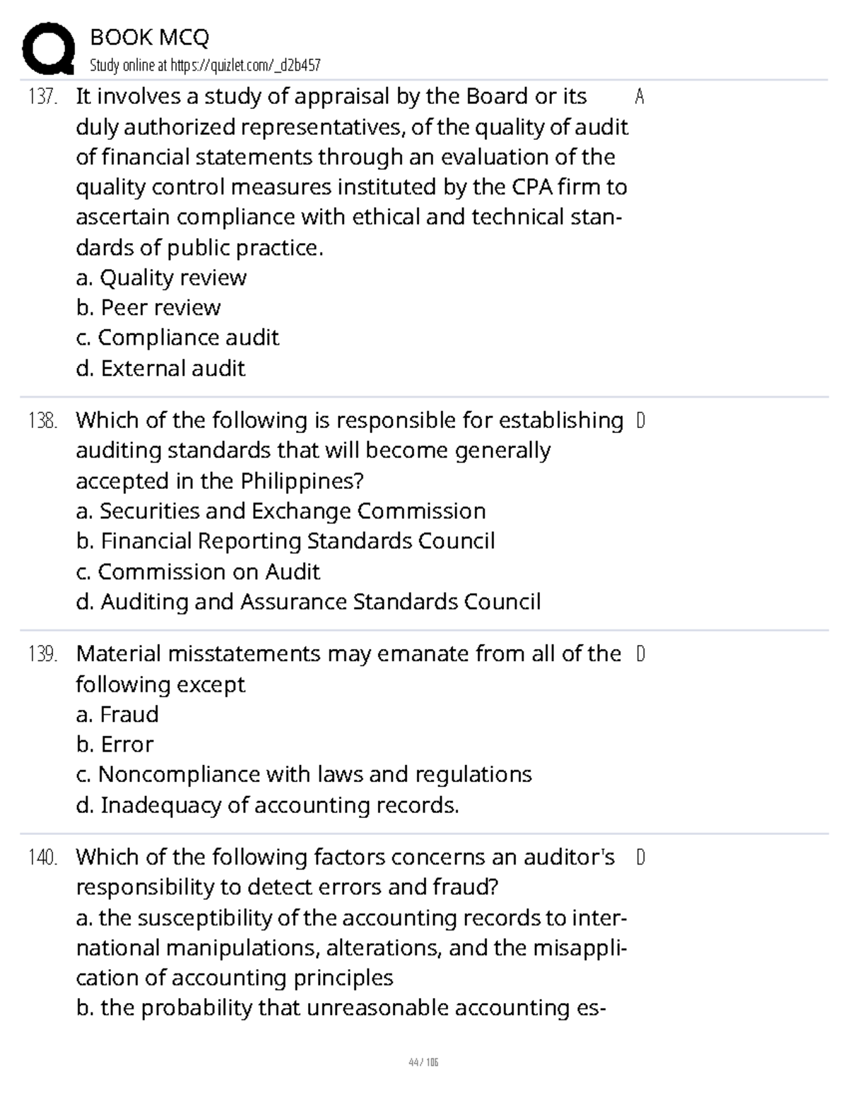Chapter 3: MCQ Study Guide for Financial Auditing (Course Code: 137 ...