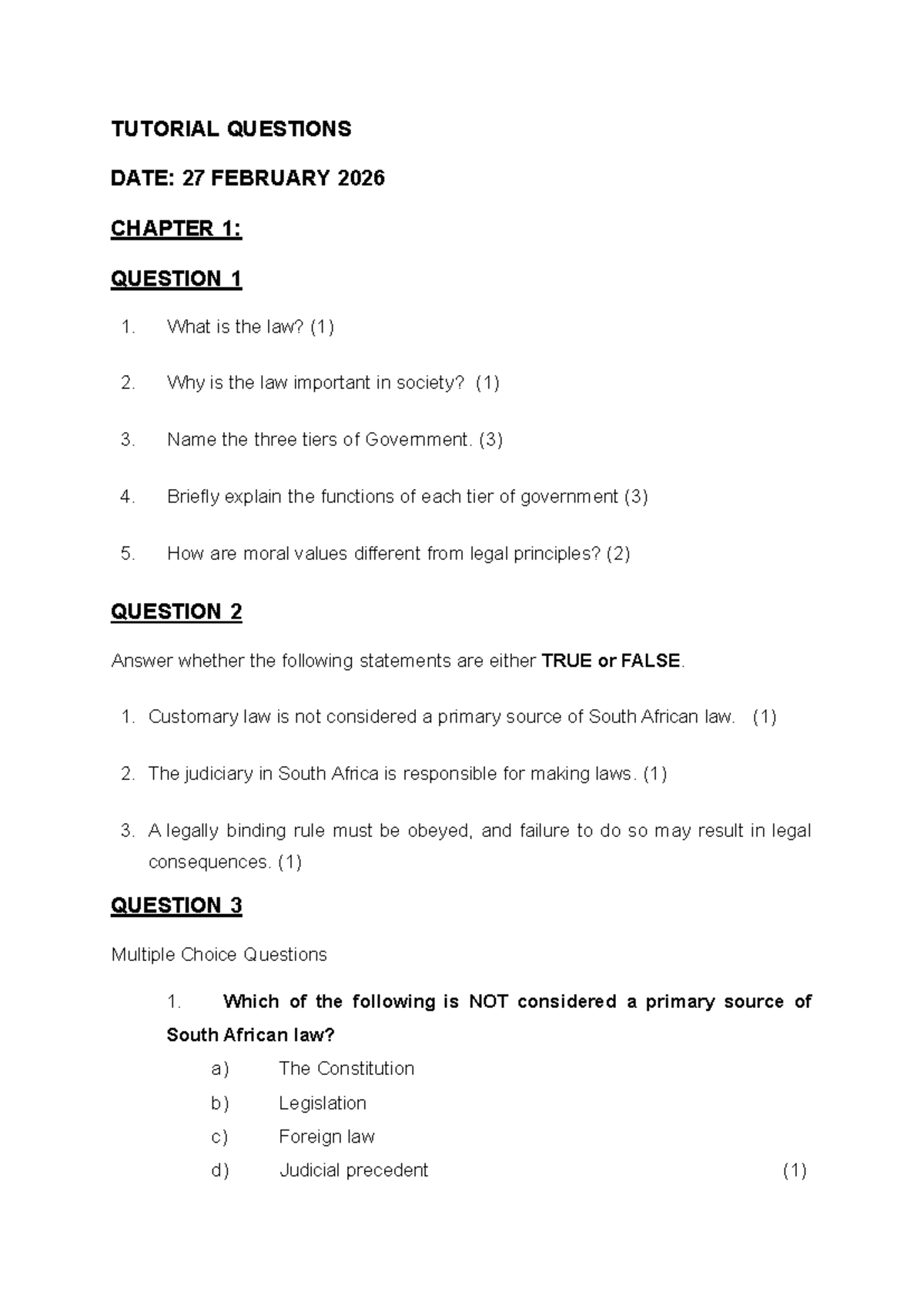 JHA1X1 Chapter 1 Tutorial Questions and Answers - Studocu