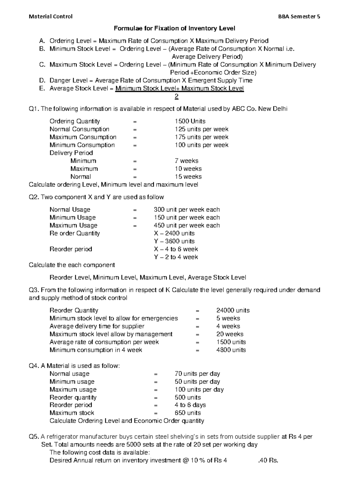 Material Costing - Inventory Level Calculations and Examples - Studocu