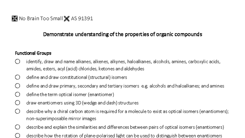 Organic Compounds Properties Checklist AS 91391 - Studocu