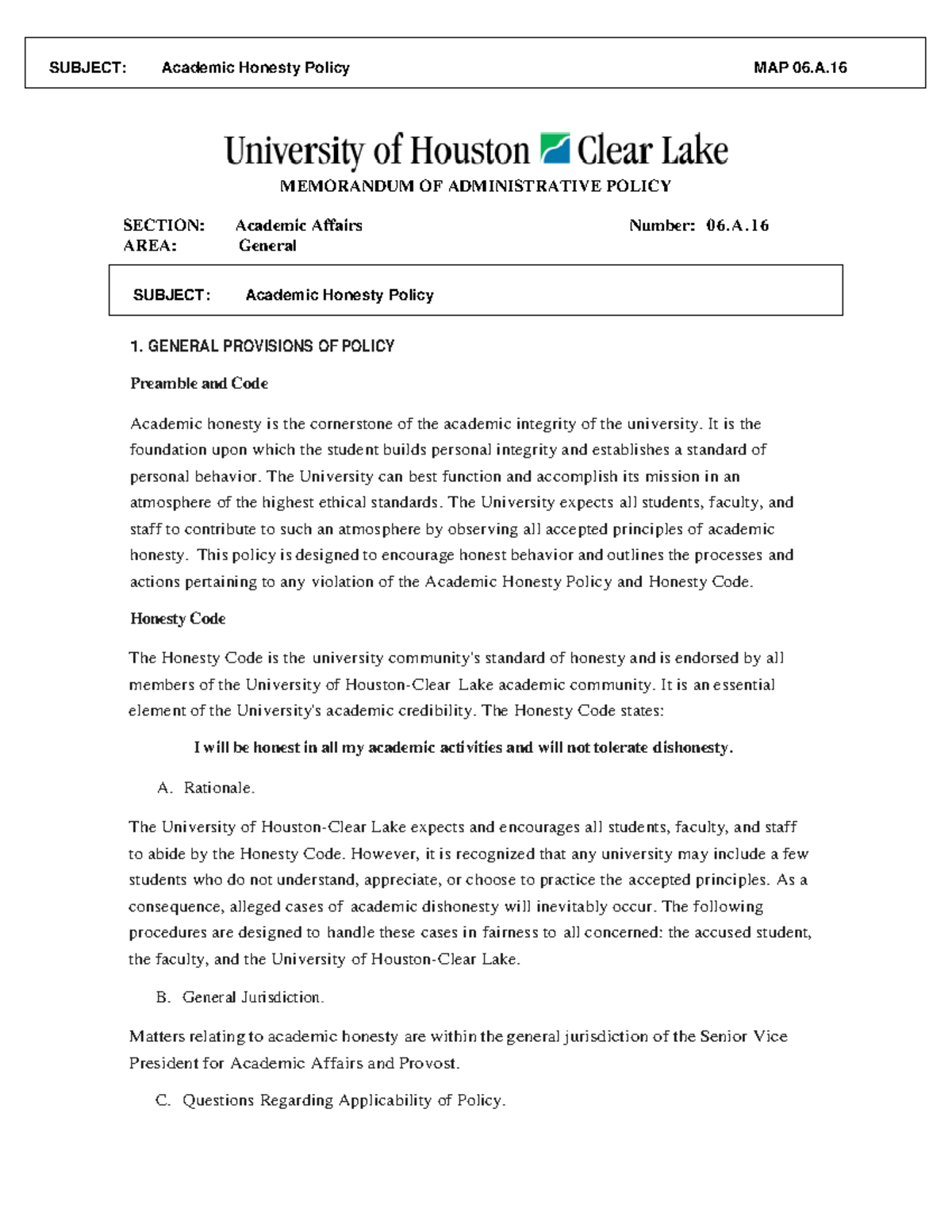 Academic Honesty Policy Overview MAP 06.A.16 | UHCL - Studocu