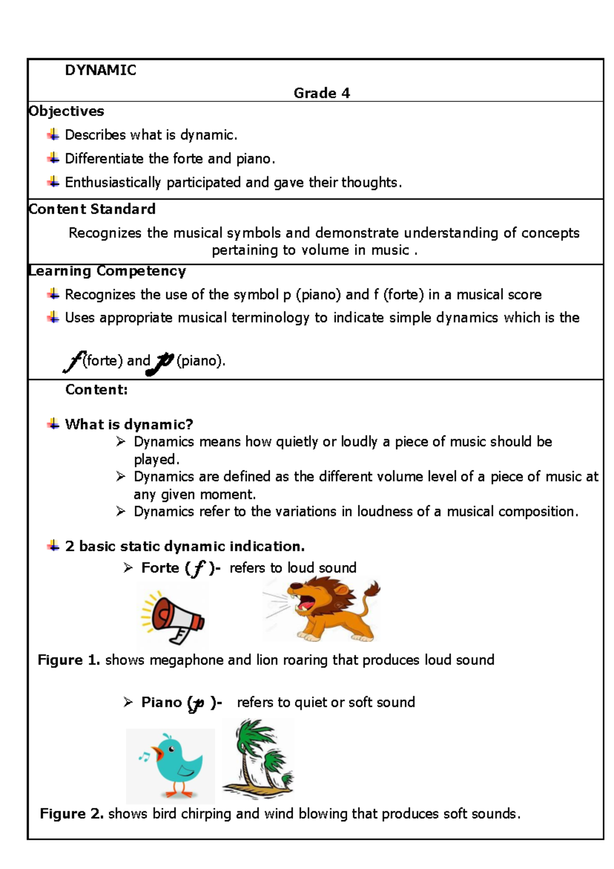 Dynamic Music Lesson Plan for Grade 4 - Studocu