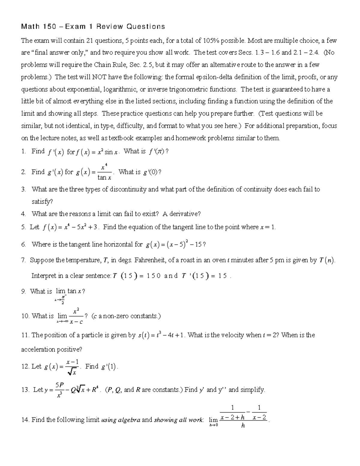 Math 150 Exam 1 Review: Key Questions & Concepts - Studocu