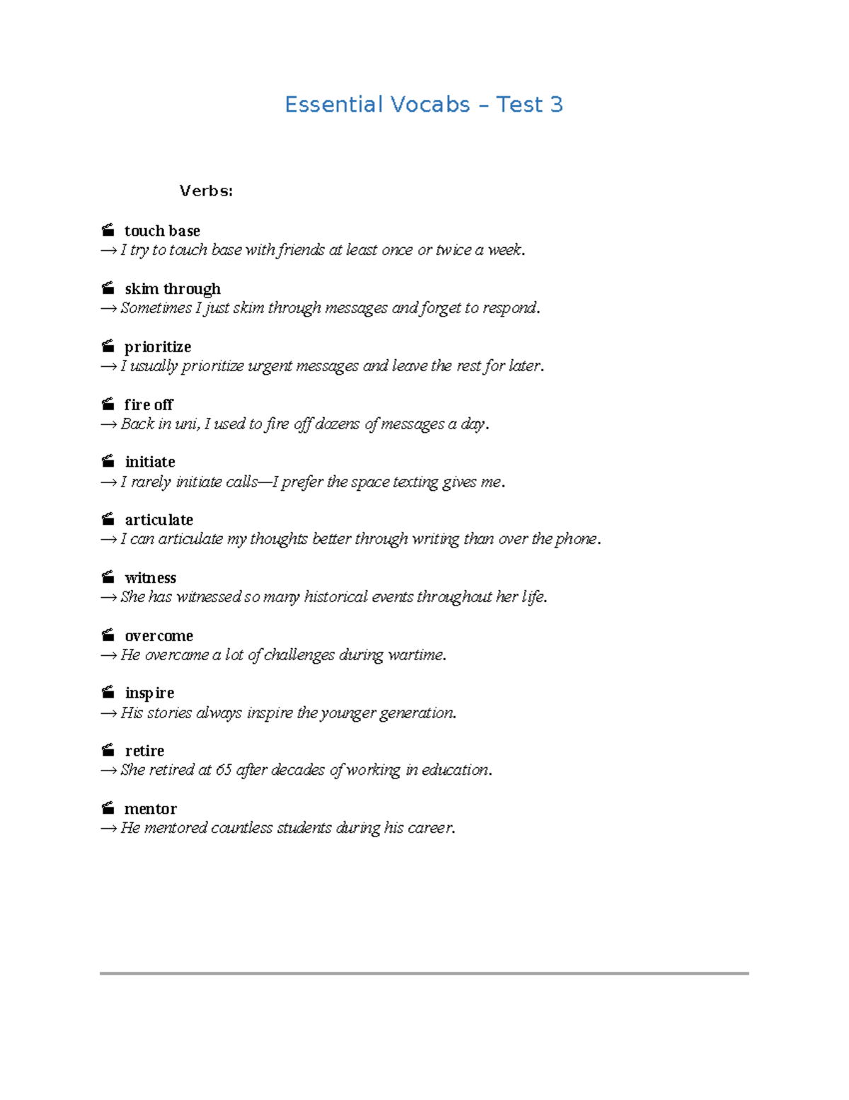 Essential Vocabs – Test 3: Verbs & Nouns for Communication - Studocu