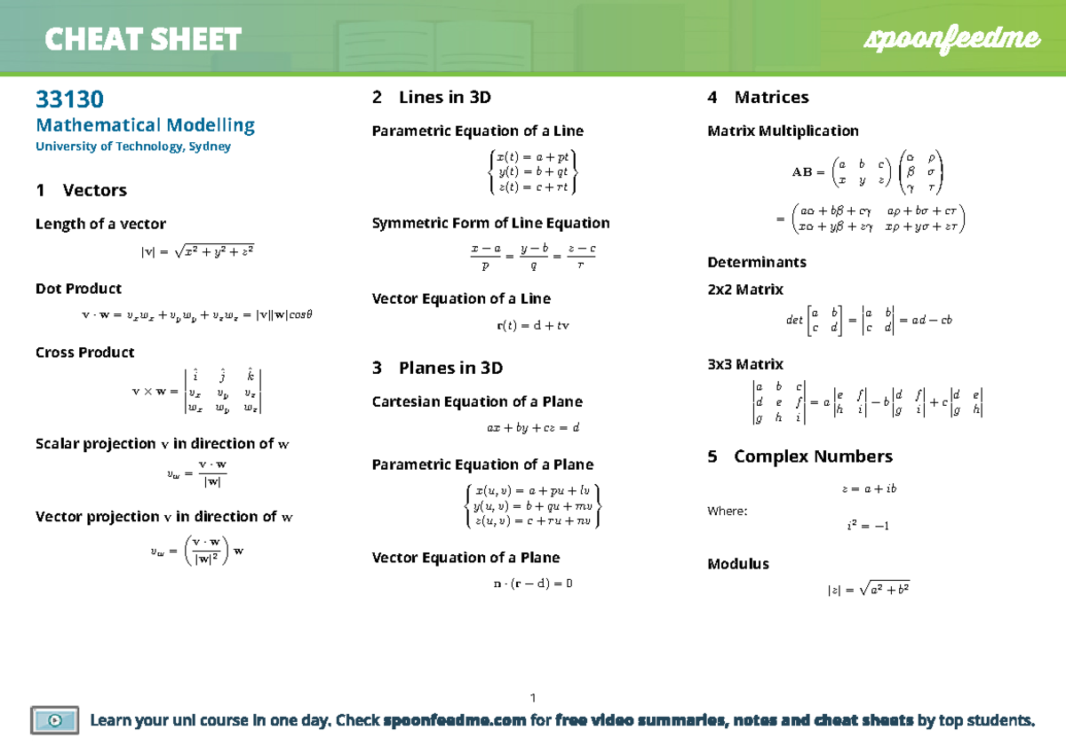 33130 Mathematical Modelling 1 Comprehensive Cheatsheet - Studocu