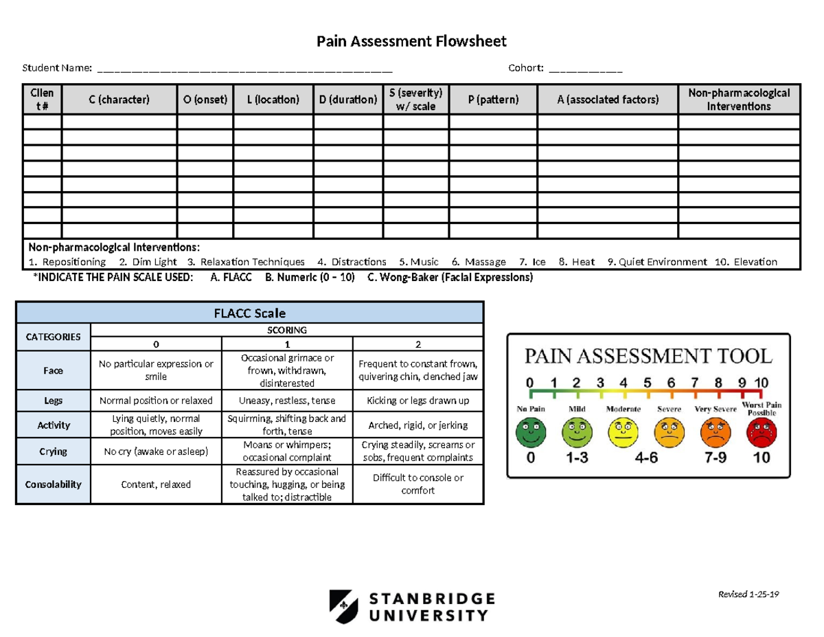 Pain Assessment Flowsheet for Student Evaluation - Studocu