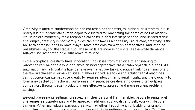 3 - The Essential Role of Creativity in Modern Life - Studocu