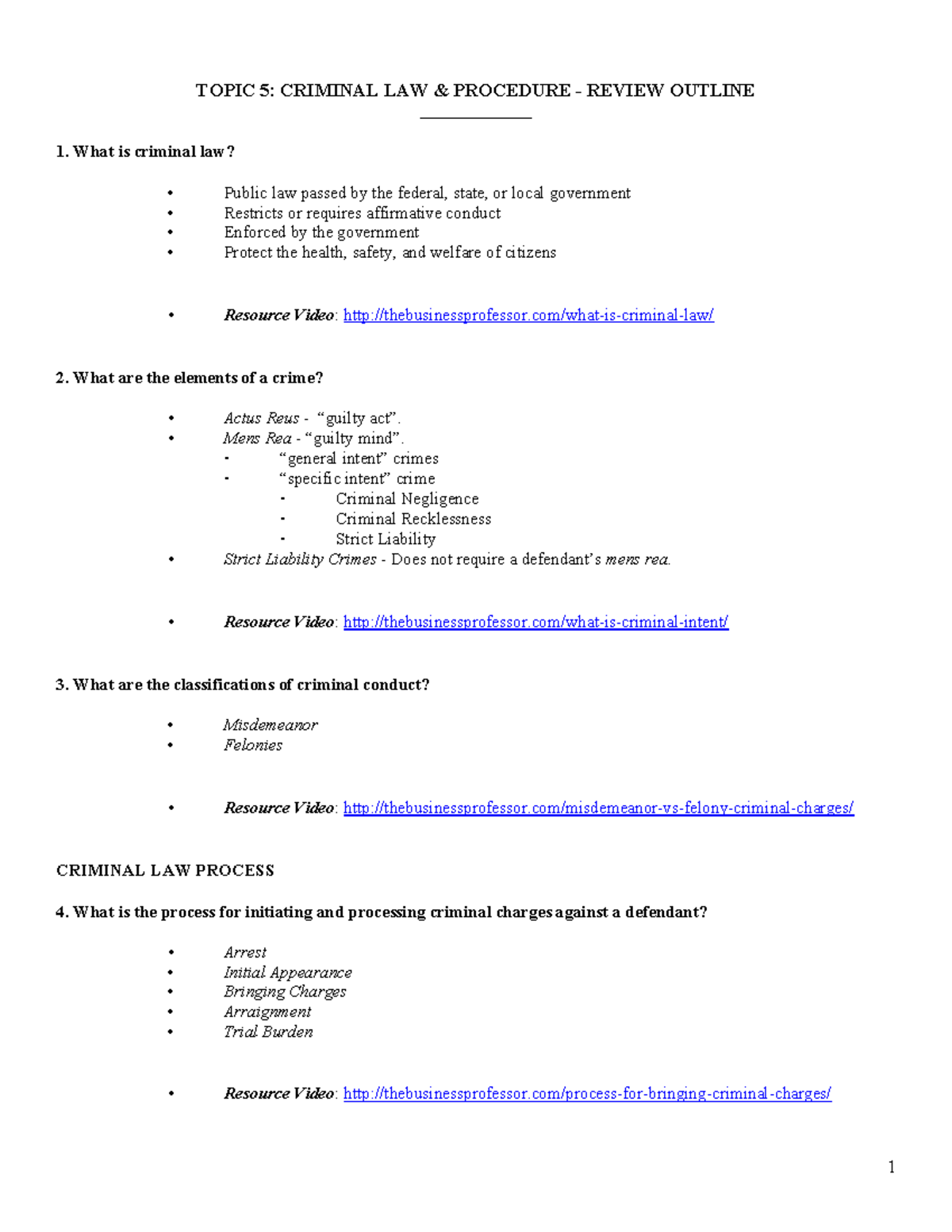 Review Outline 5, Criminal Law and Procedure - TOPIC 5: CRIMINAL LAW ...