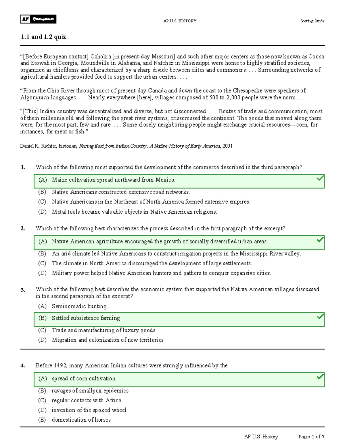 APUSH 1-1 & 1-2 Answer Key for Quiz and FRQ Guidance - Studocu
