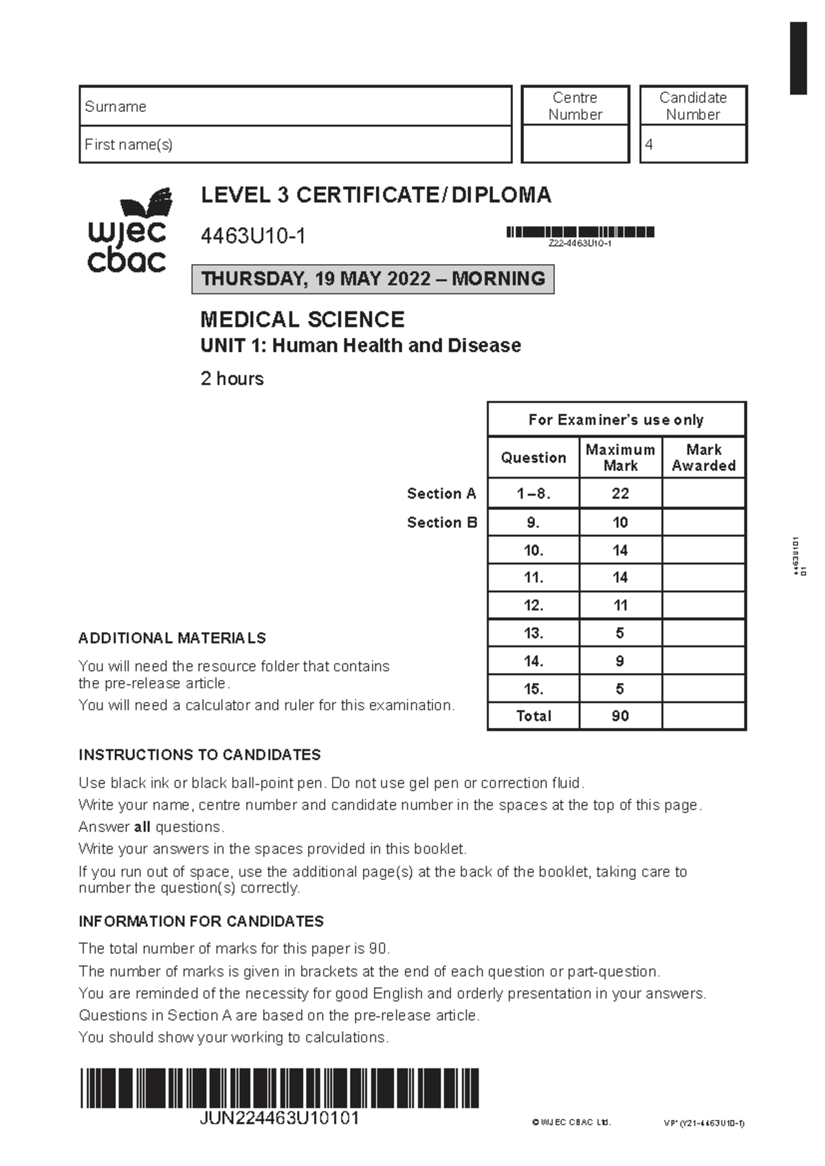 Z22-1831-01 - Past Paper: Medical Science Unit 1 Exam Review - Studocu