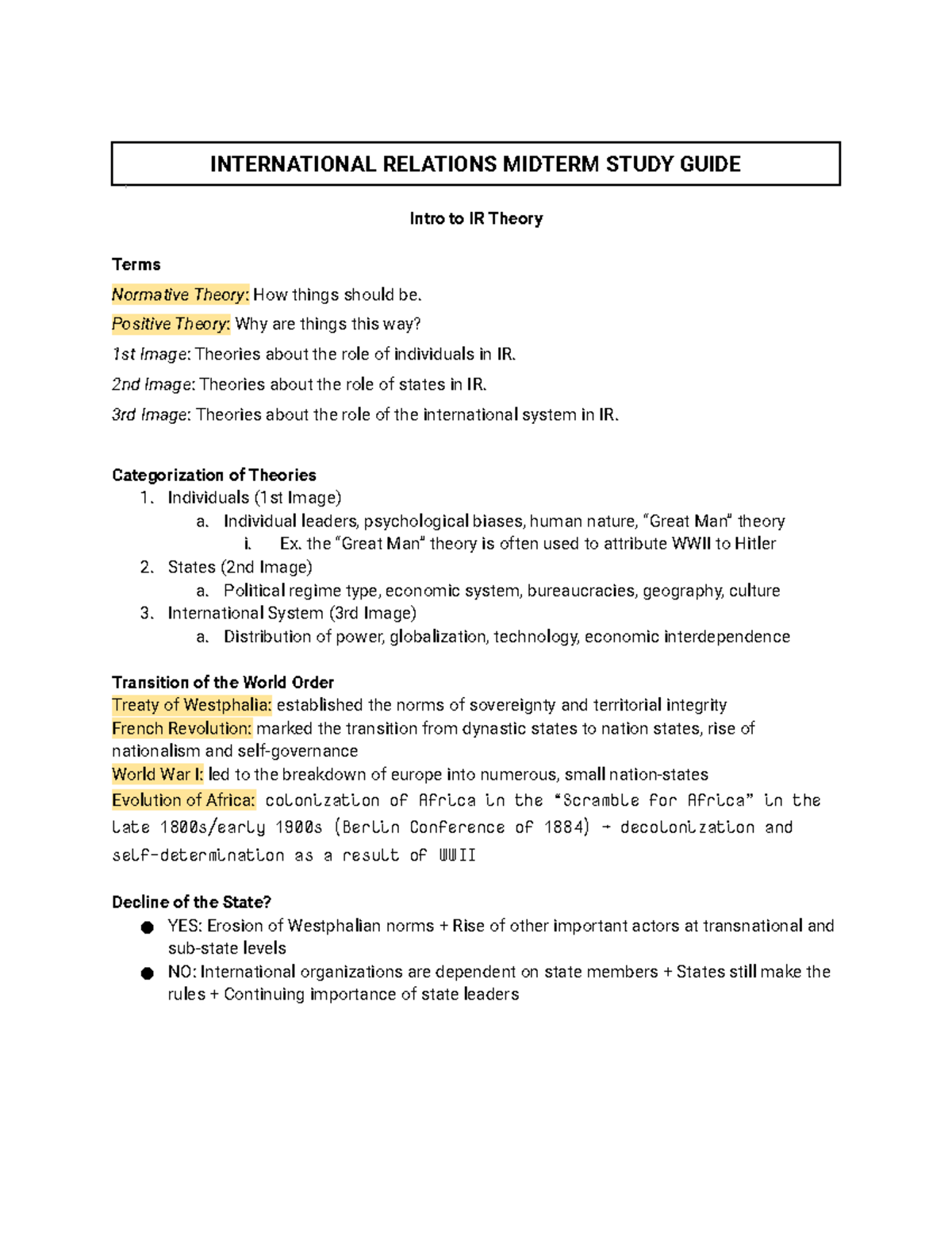 IR Spring 2020 Midterm Study Guide - INTERNATIONAL RELATIONS MIDTERM ...
