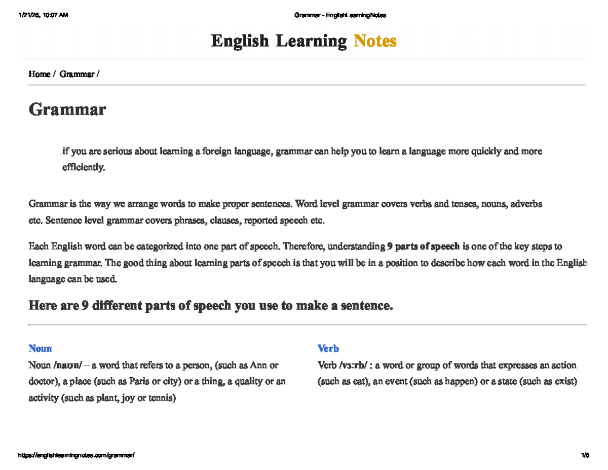 Grammar - English Learning Notes - - Studocu