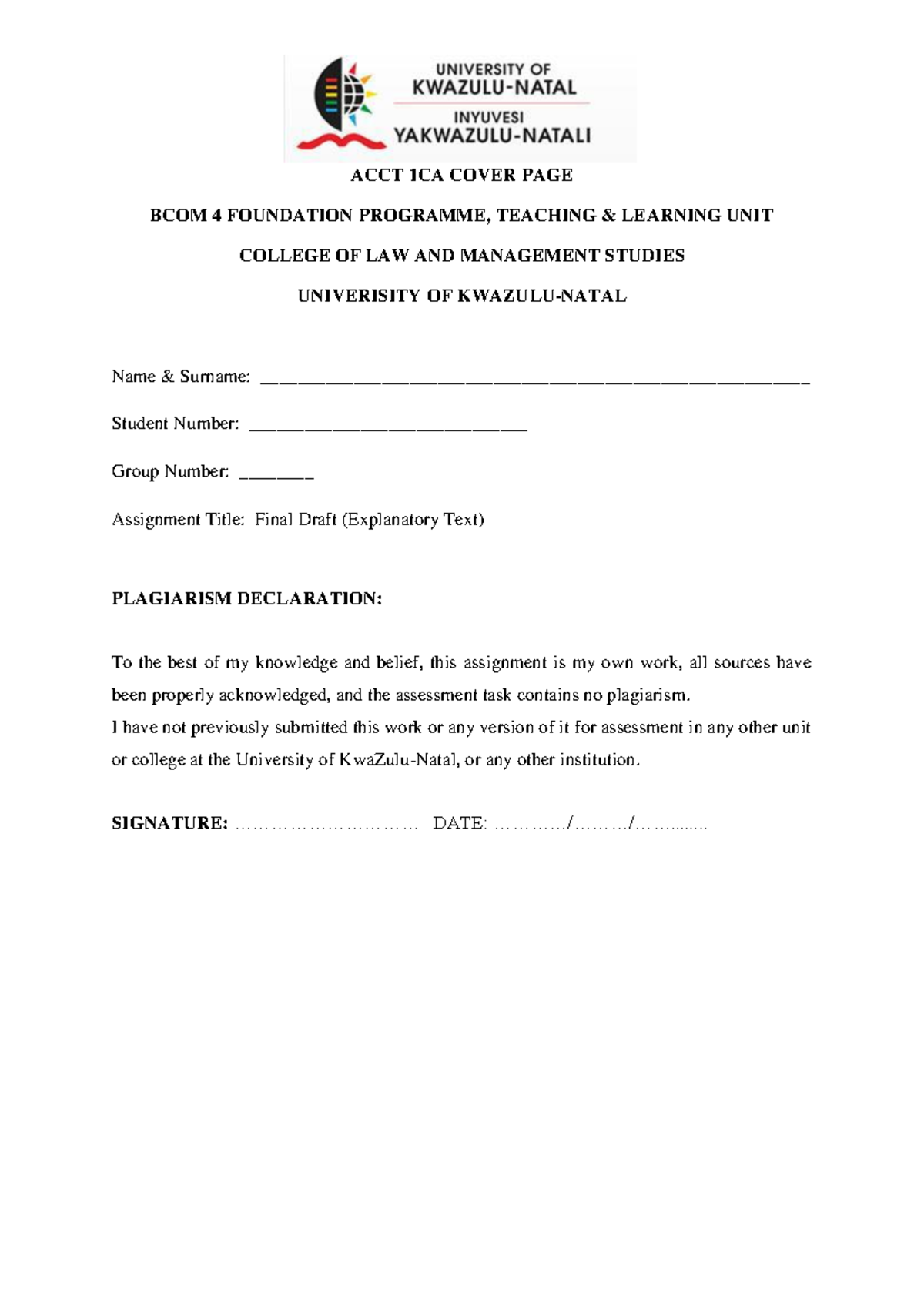 ACCT 1CA Explanatory Text Cover Page & Checklist - Final Draft - Studocu