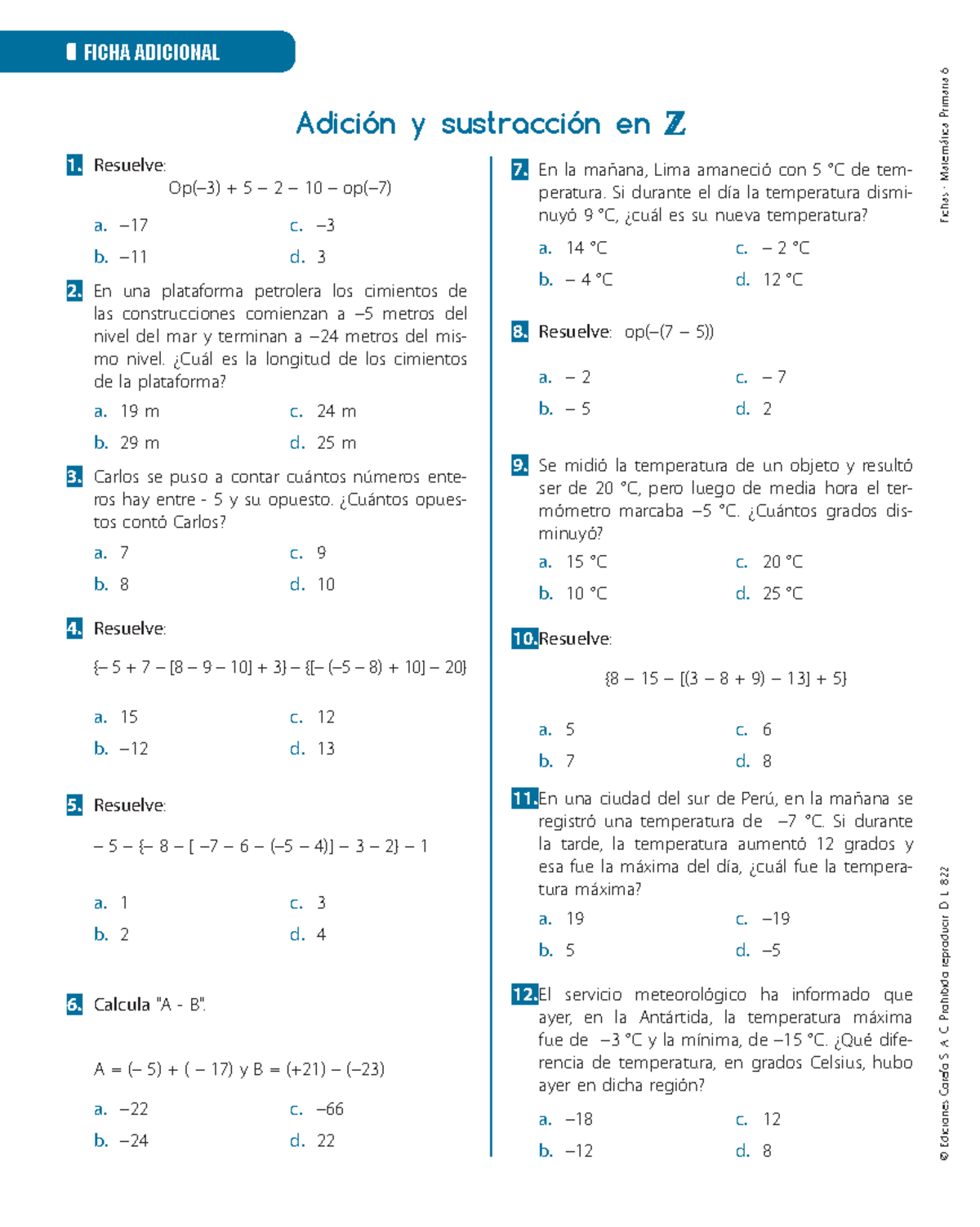 FA Adición y sustracción de números enteros - Fichas - Matemática Primaria 6 © Ediciones Corefo ...