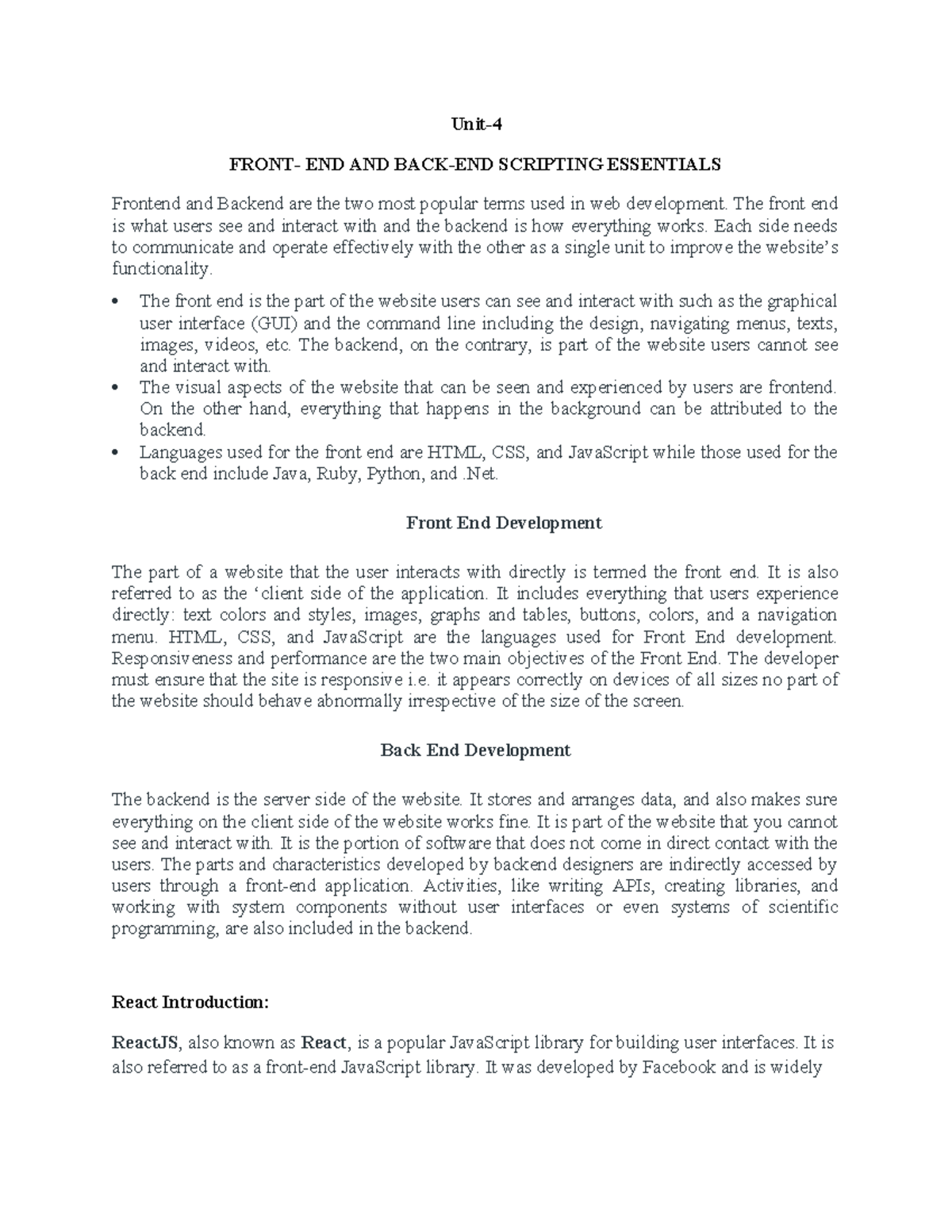 Unit 4 ITES 2023 - Frontend and Backend Development Essentials - Studocu