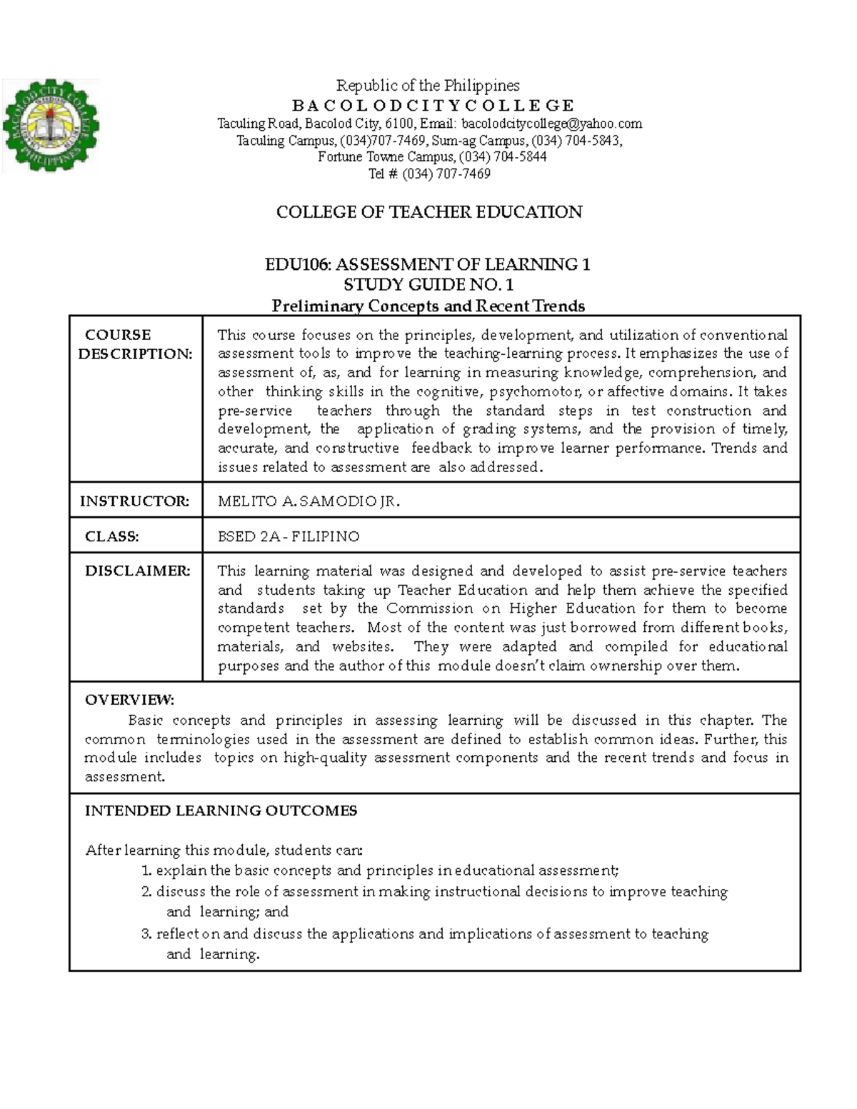 EDU106: Assessment of Learning 1 Study Guide No. 1 - Key Concepts ...
