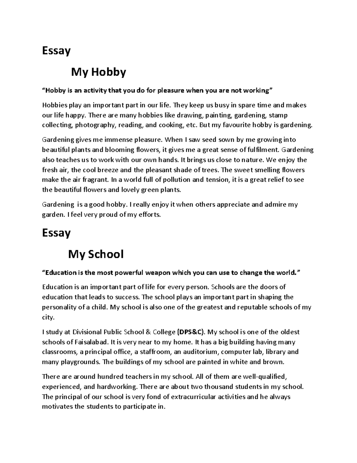 Essays of Class 5 - My Hobbies and My School - Studocu