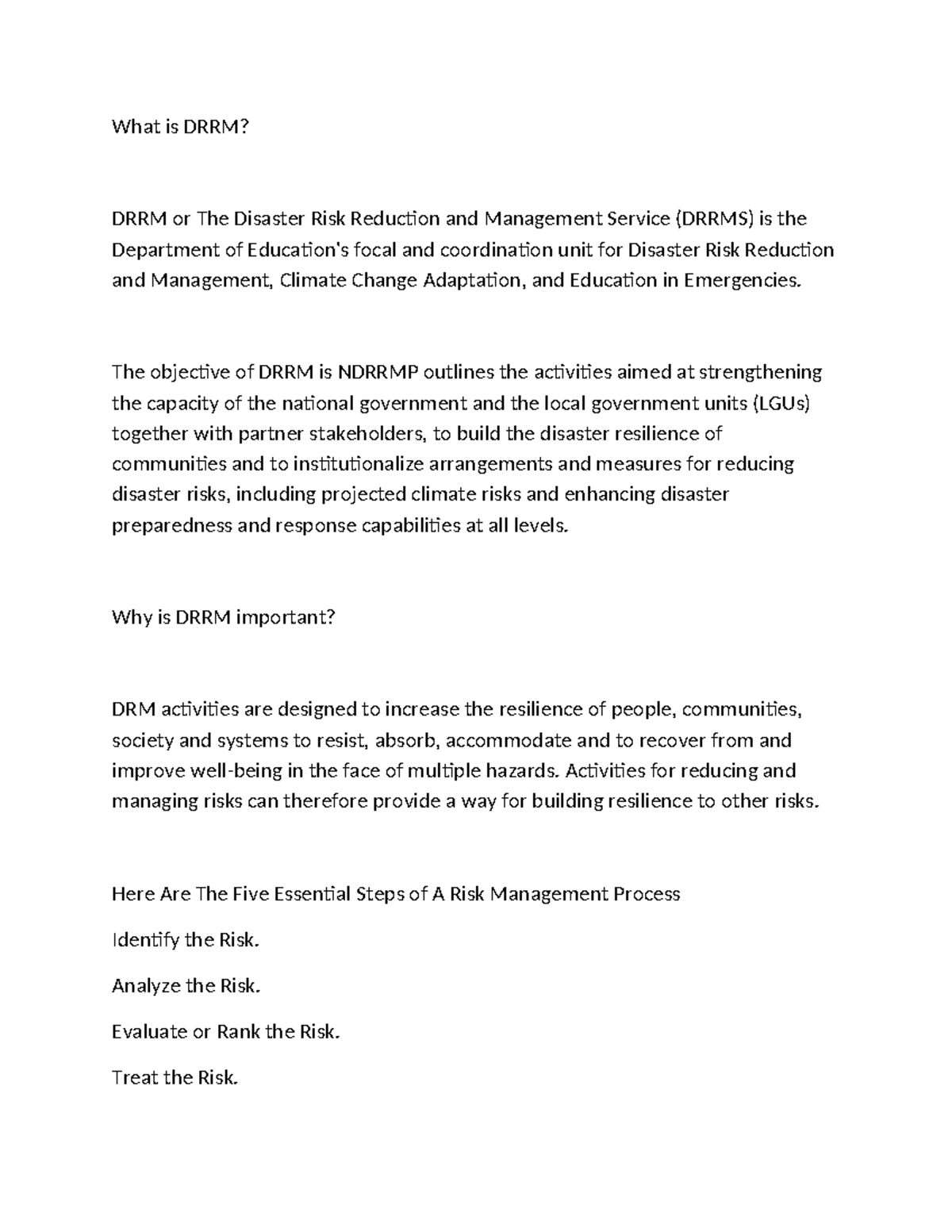 DRRM Overview for Seminar Booklet on Disaster Resilience - Studocu
