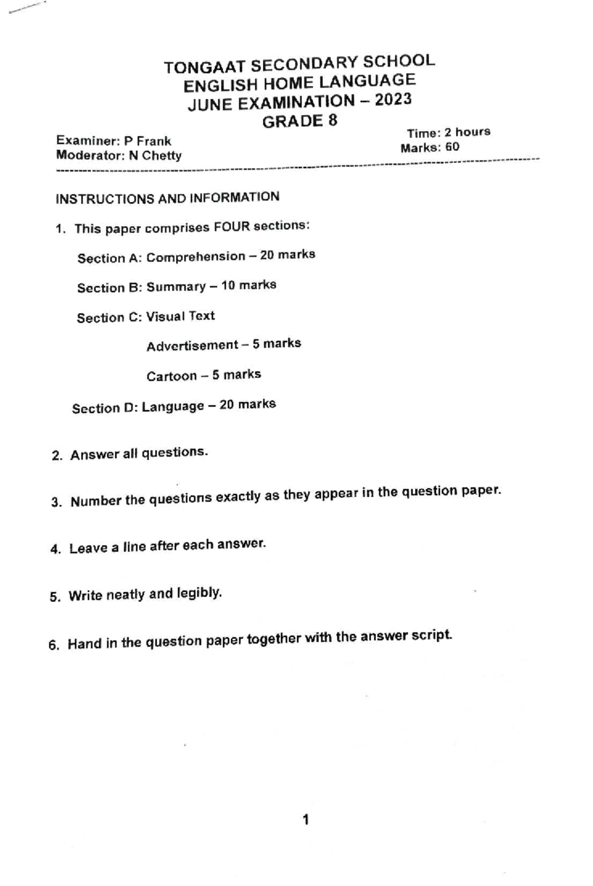 Eng Grade 8 June 2023 Exam Paper: Comprehension, Summary & Media ...