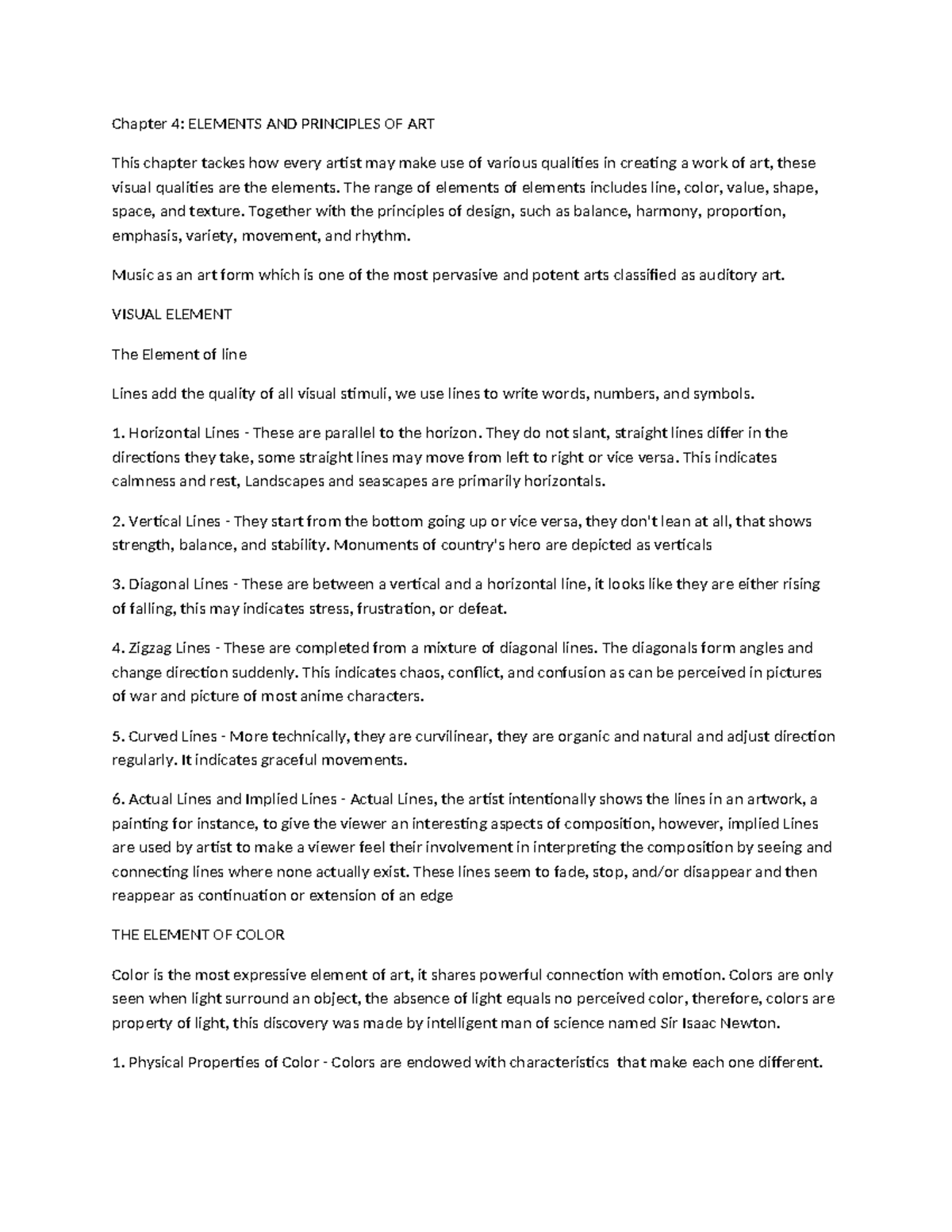 Elements and Principles of Art - Chapter 4 Summary (ARTH 101) - Studocu