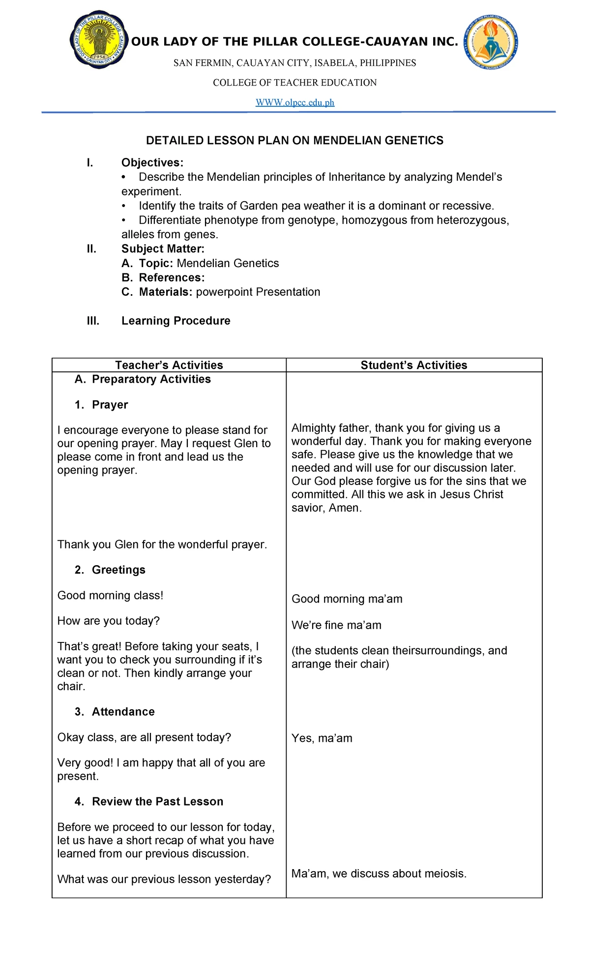 Detailed Lesson Plan on Mendelian Genetics (BSED) - Studocu