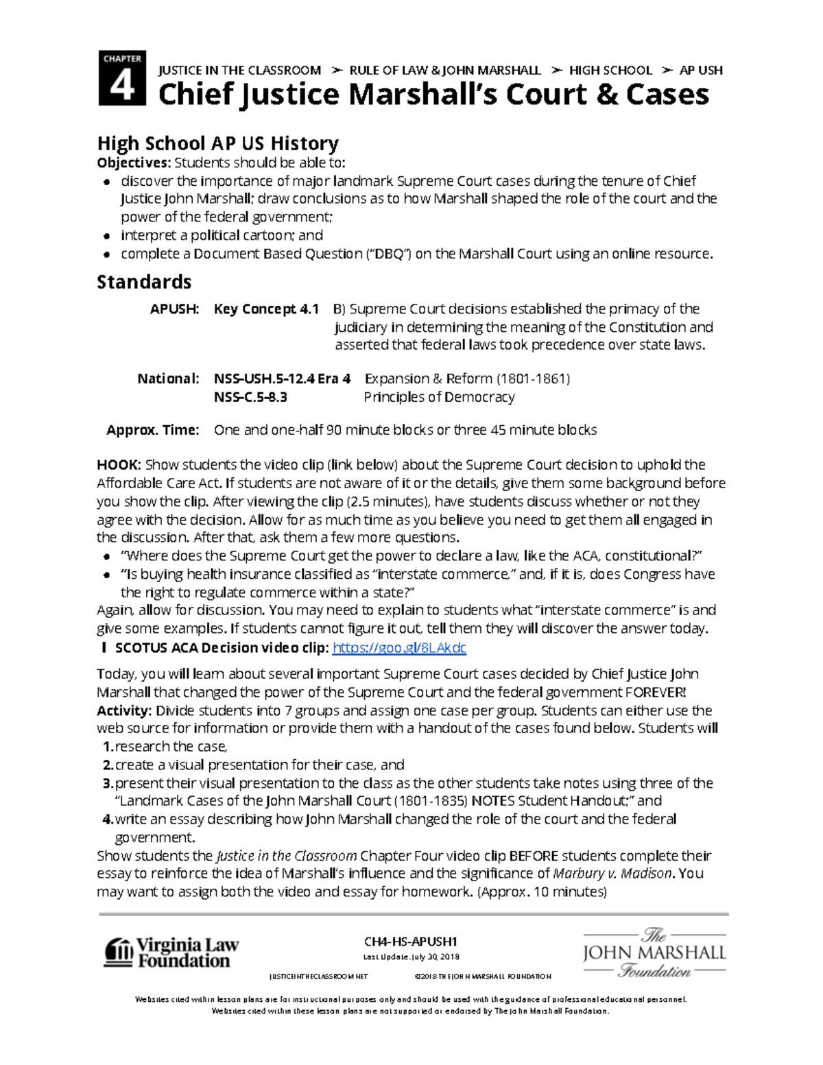 CH4-HS-APUSH - Landmark Supreme Court Cases of the Marshall Court - Studocu