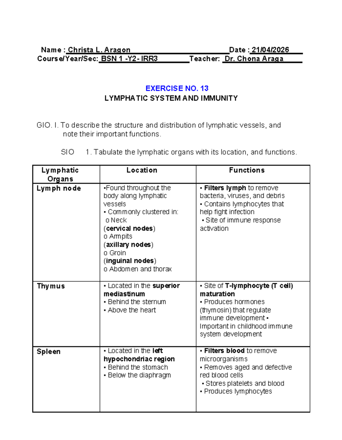 LAB Exercise 13: Lymphatic System & Immunity - Aragon BSN 1 IRR3 - Studocu
