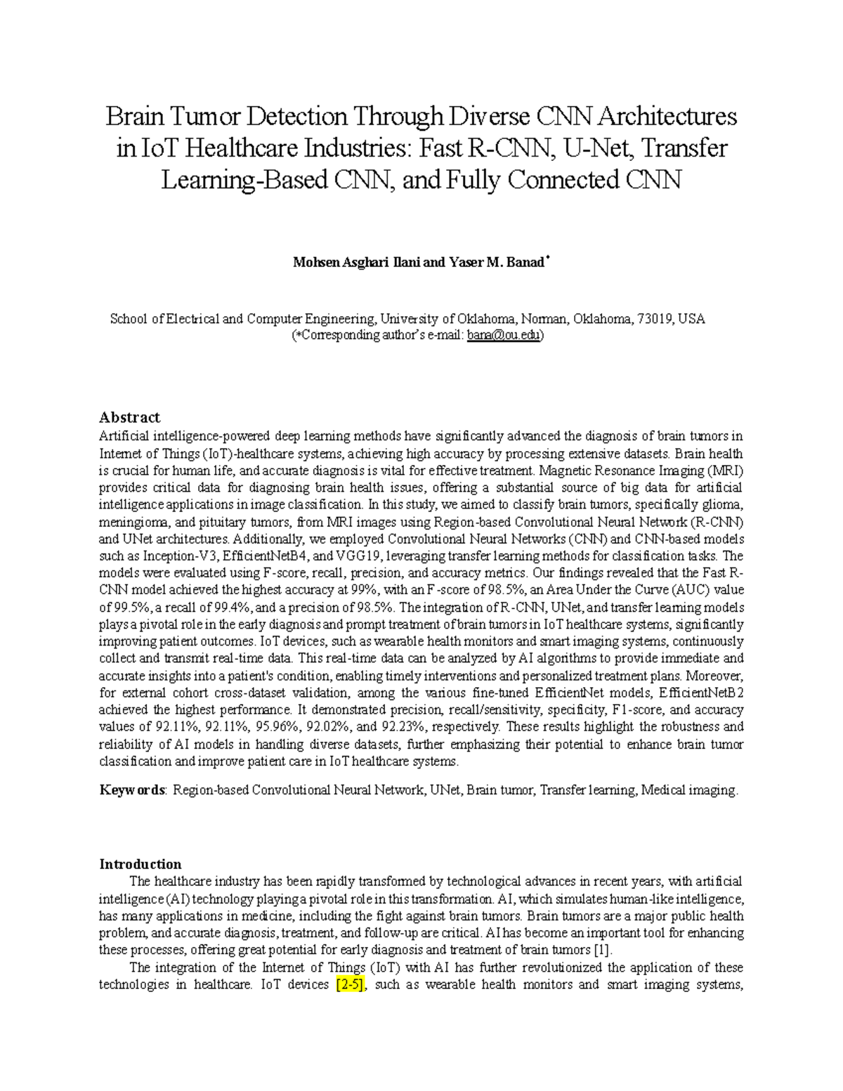 Brain Tumor Detection Using CNN Architectures in IoT Healthcare (EE 2509) - Studocu