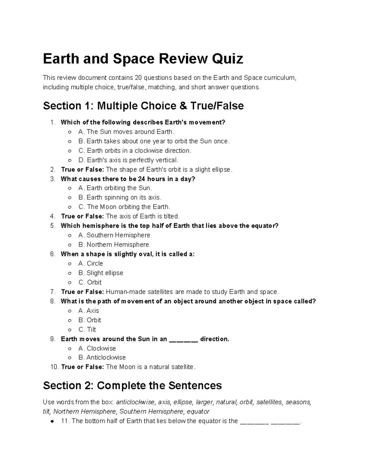 Earth and Space Review Quiz: 20 Questions on Curriculum - Studocu