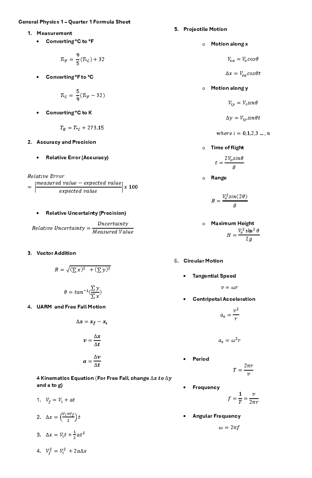 General Physics 1 Q1 Formula Sheet: Projectile & Circular Motion - Studocu