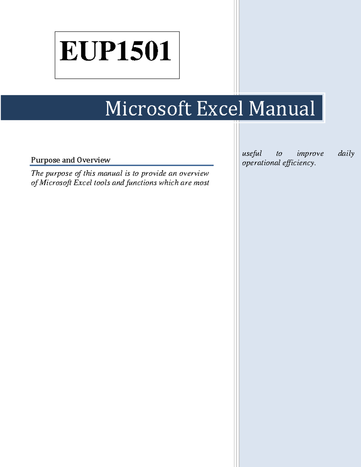 EUP1501 Final Microsoft Excel Manual: Tools & Functions Overview - Studocu