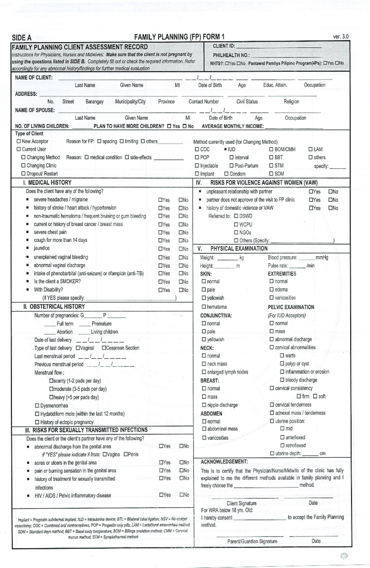 FP-Form-1 - Family Planning Client Assessment Record for Healthcare ...