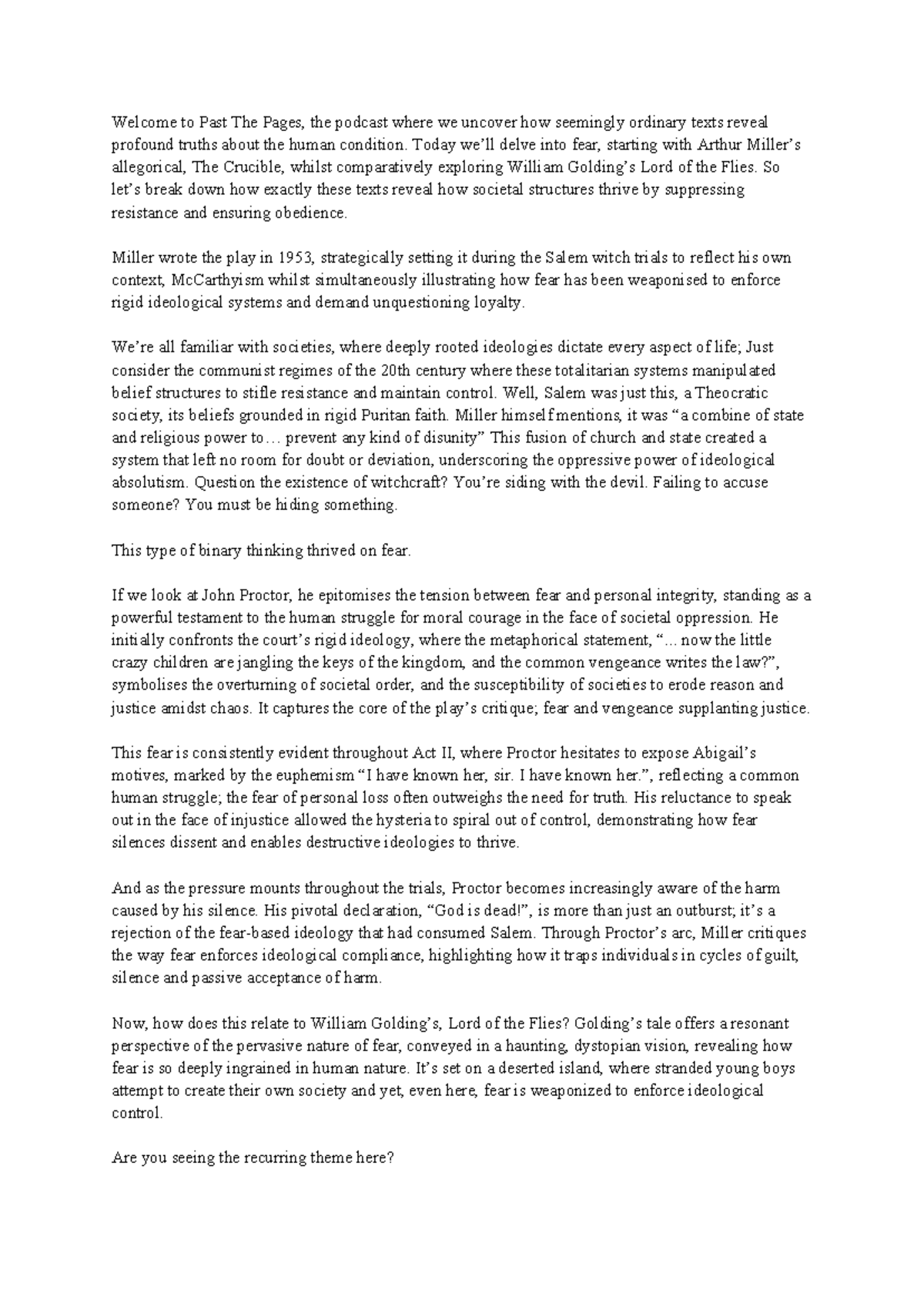 Podcast Script Essay - Welcome to Past The Pages, the podcast where we ...