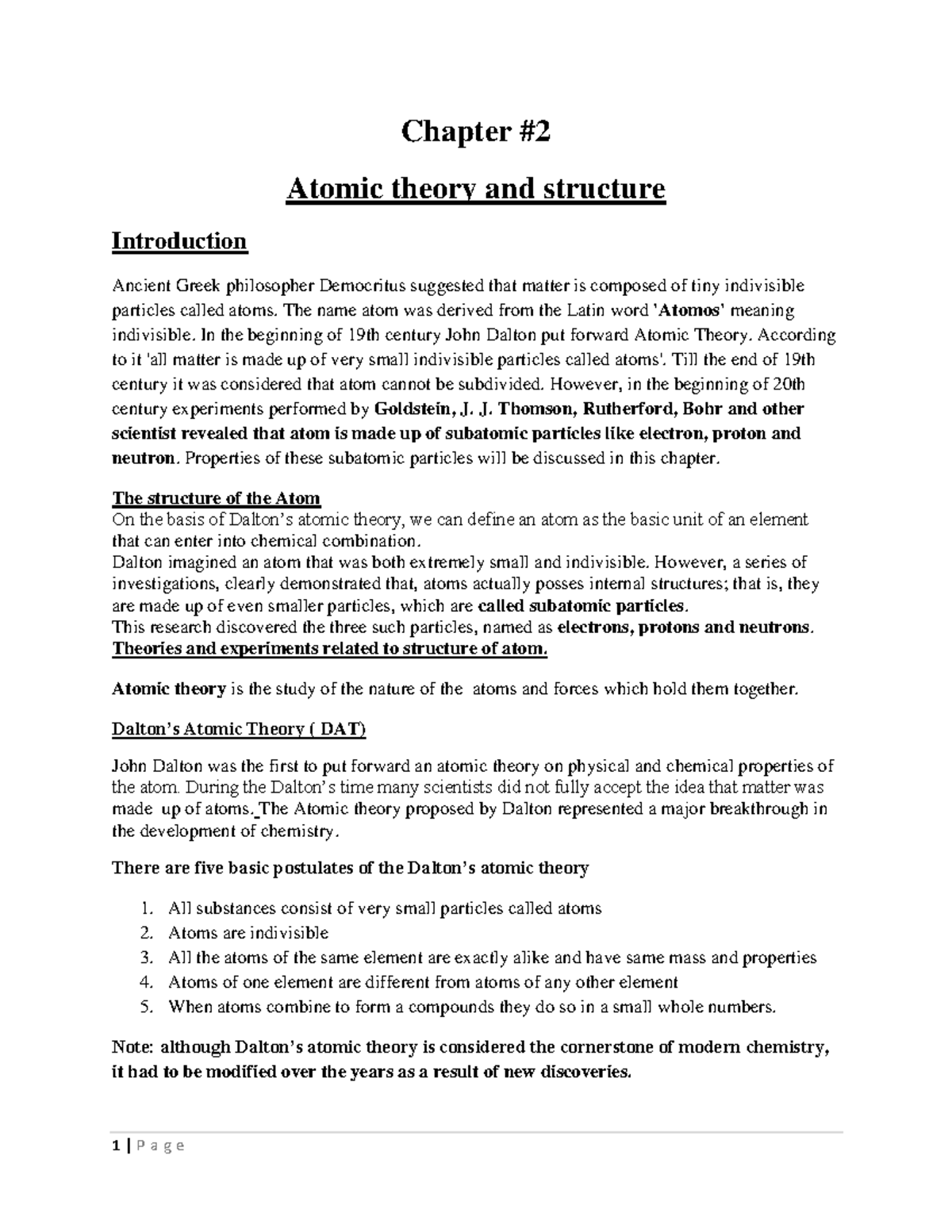 Chapter #2: Atomic Structure and Theories (CHEM 101) - Studocu