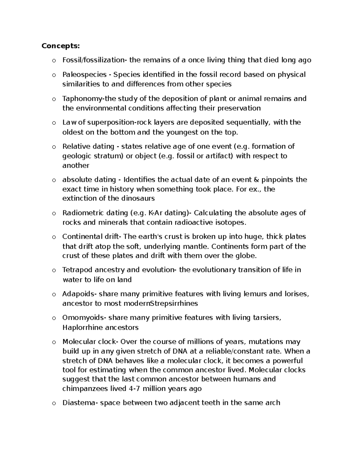 Anthro 102- Study Sheet - Concepts: o Fossil/fossilization- the remains ...