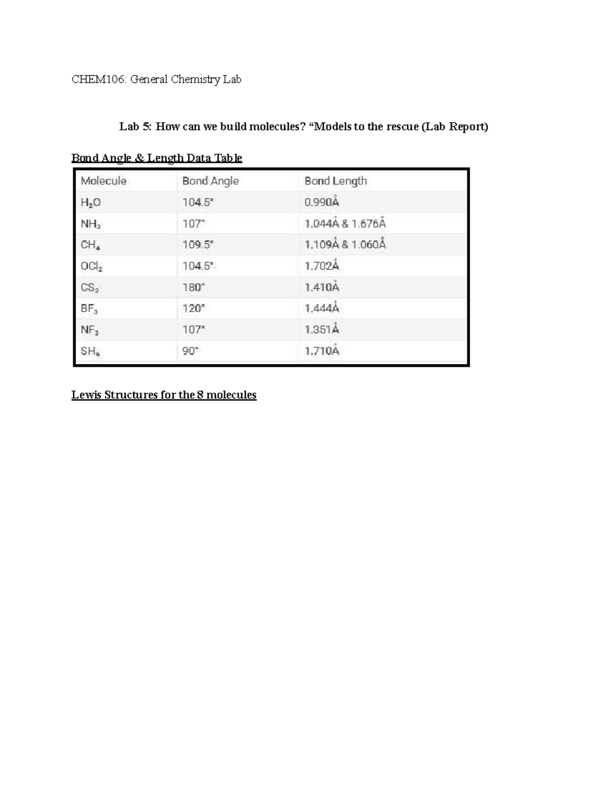 Lab 5 Molecules Lab Report - CHEM 106 - CHEM106: General Chemistry Lab ...