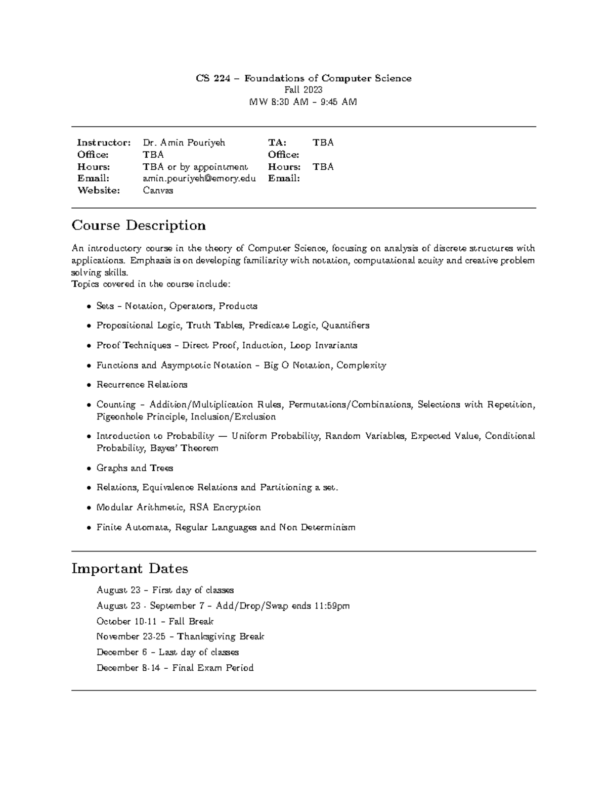 CS224 Fall 2023: Foundations of Computer Science Syllabus - Studocu