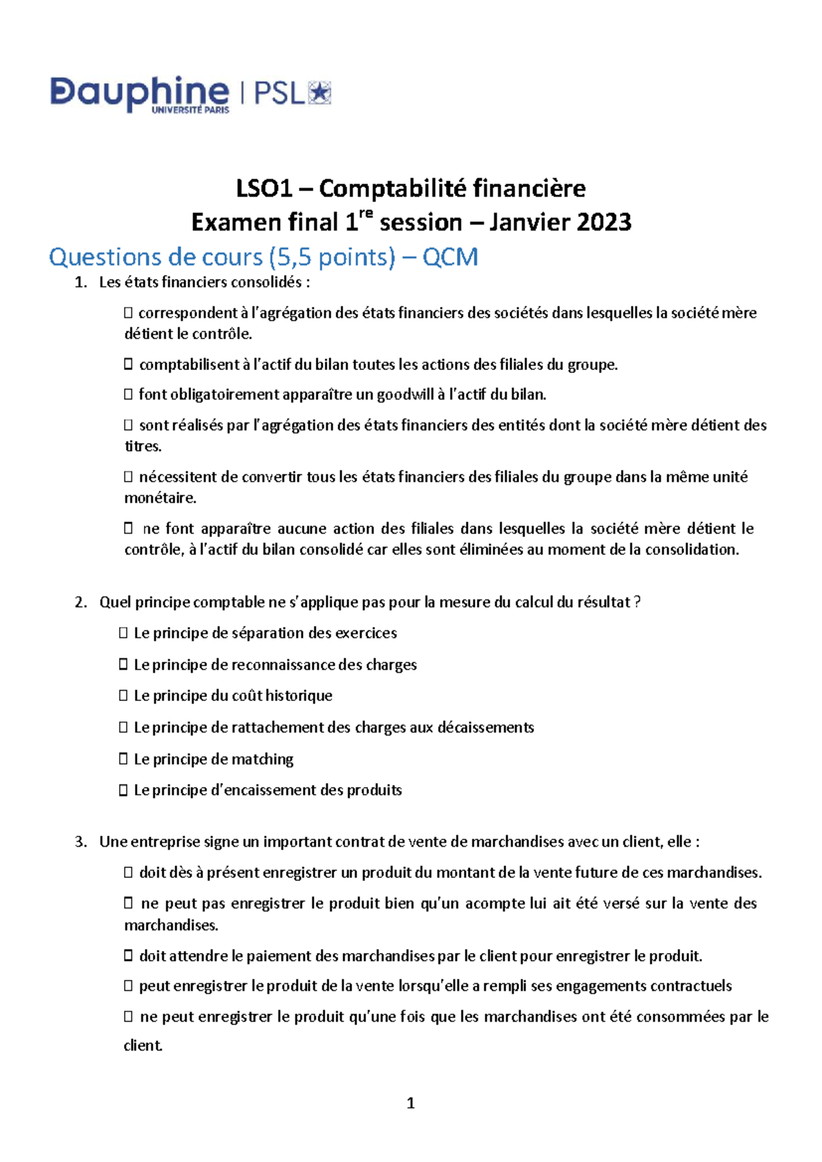 2301 L1compta Fi Examen final Janv 2023 - Questions & Cas Pratiques ...