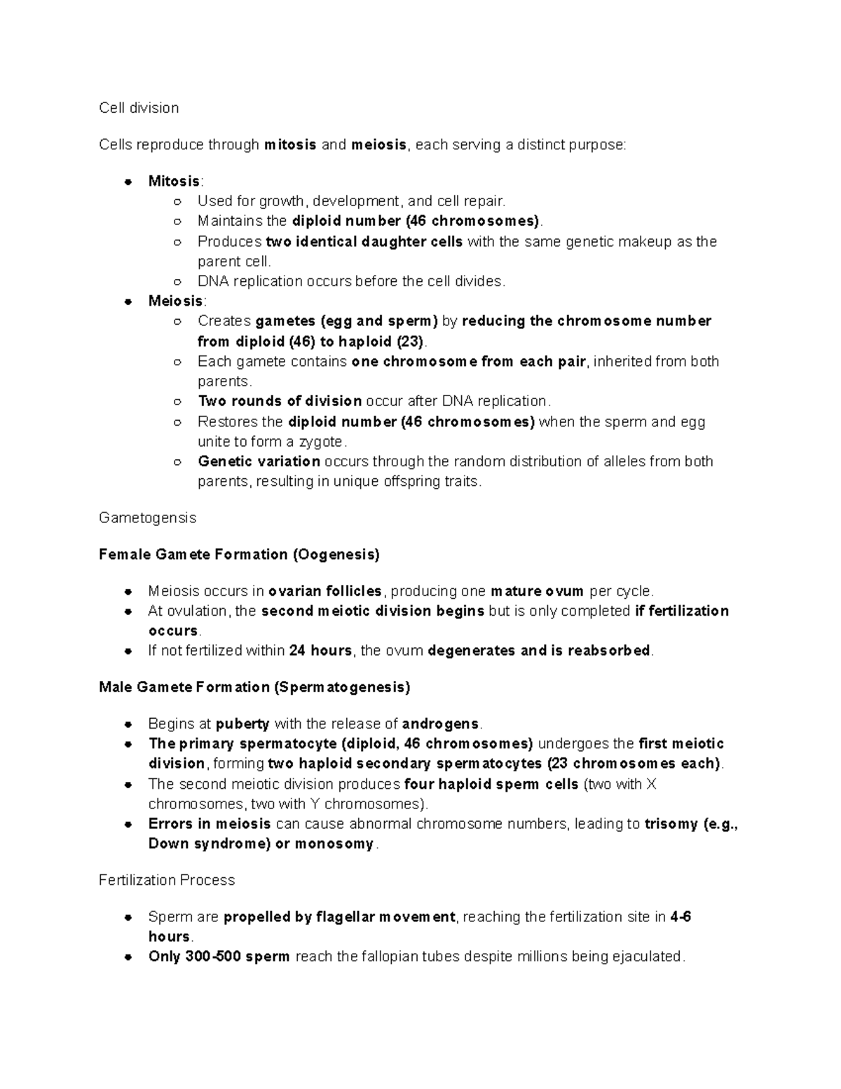 Hurst Midterm Study Guide: Cell Division, Gametogenesis, and Pregnancy ...