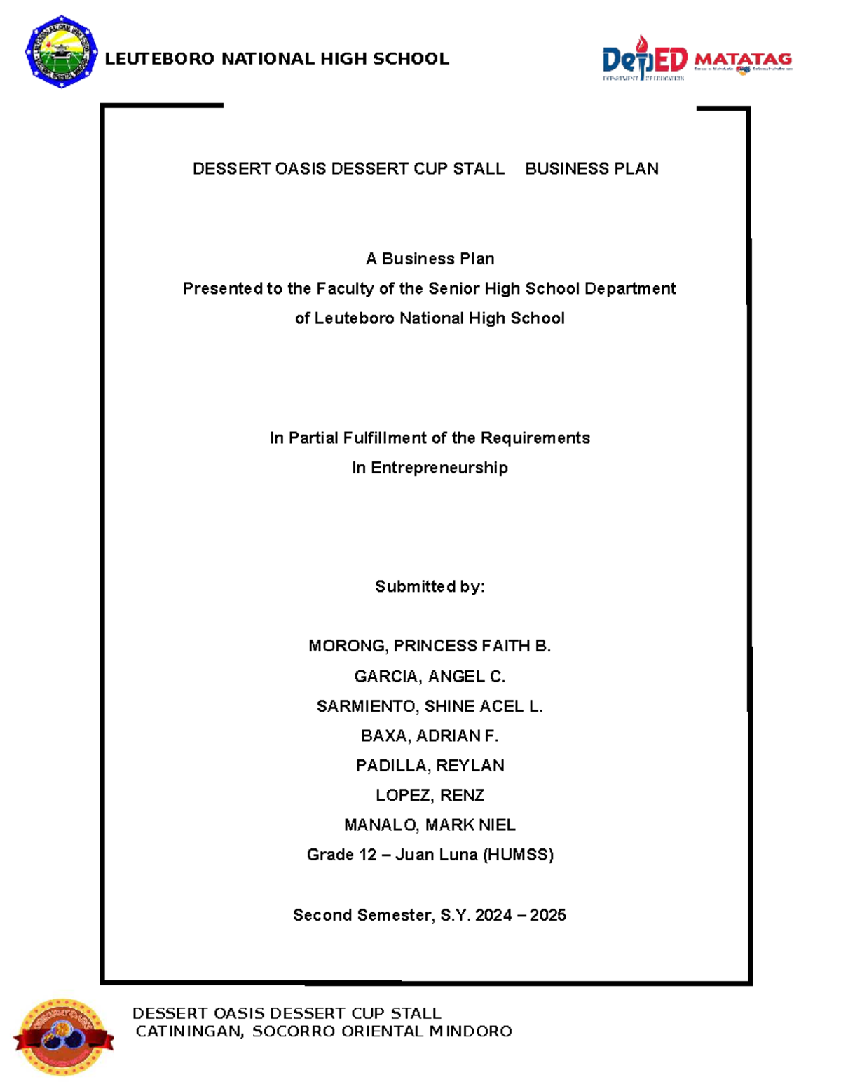 Grade 12 HUMSS Business Plan: Dessert Oasis Dessert Cup Stall - Studocu