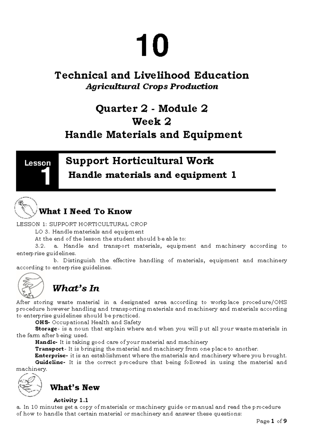 TLE Agri Crop Prod 10 Q2 Module 2: Handling Materials & Equipment ...