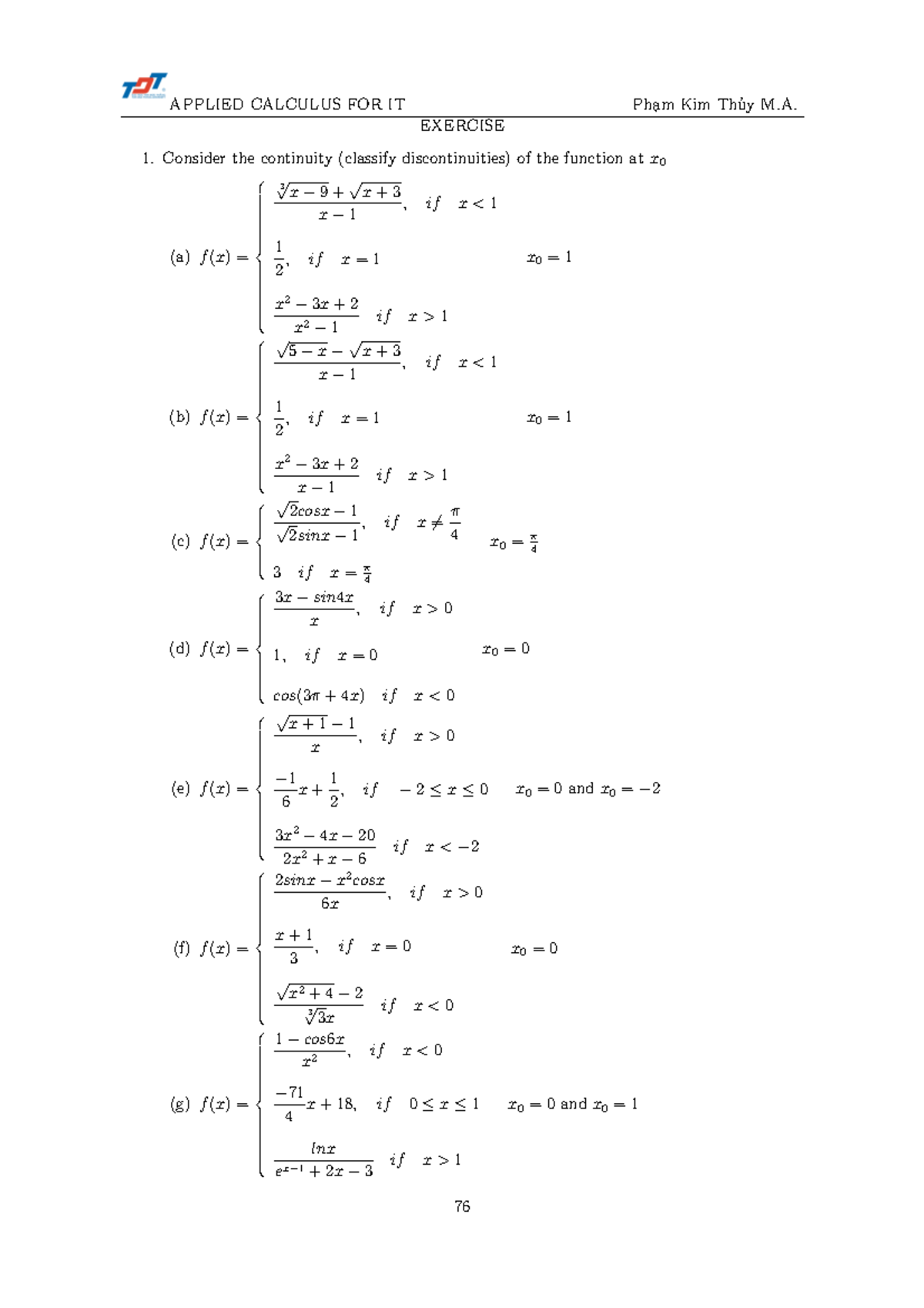 Exercises Applied Calculus - EXERCISE 1. Consider the continuity ...