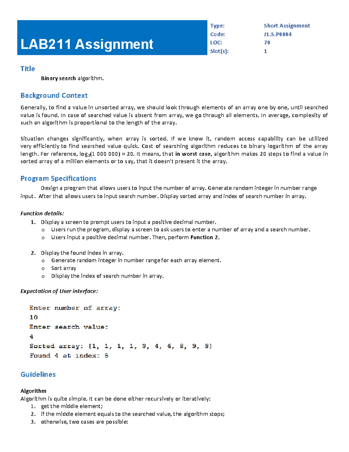 LAB211 Short Assignment: Binary Search Algorithm Explained - Studocu