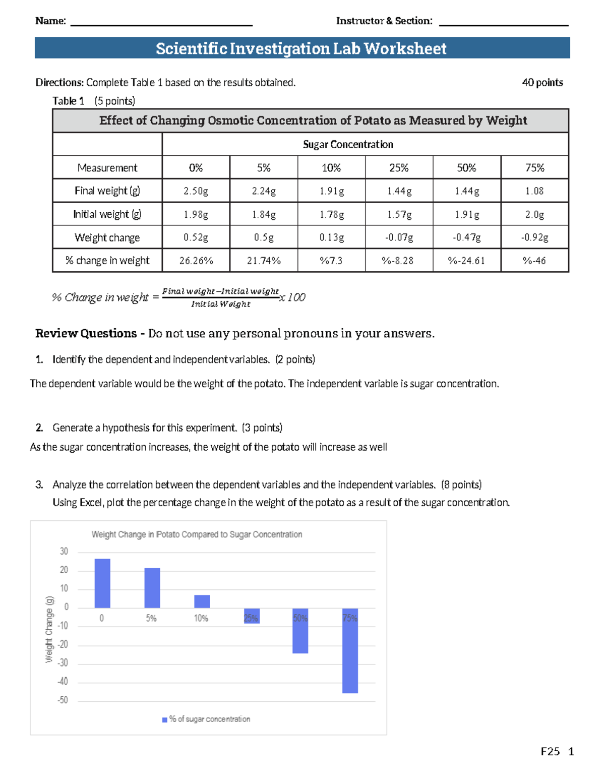 Scientific Investigation Lab Worksheet: Osmotic Concentration Effects ...