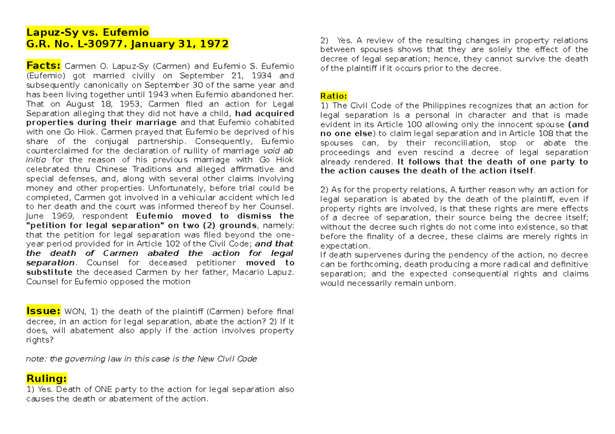 Lapuz-Sy vs Eufemio Case Analysis and Legal Ruling Summary - Studocu