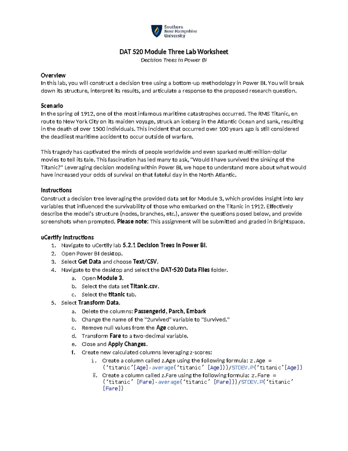 DAT 520 Module 3 Lab Worksheet: Decision Tree Analysis of Titanic ...