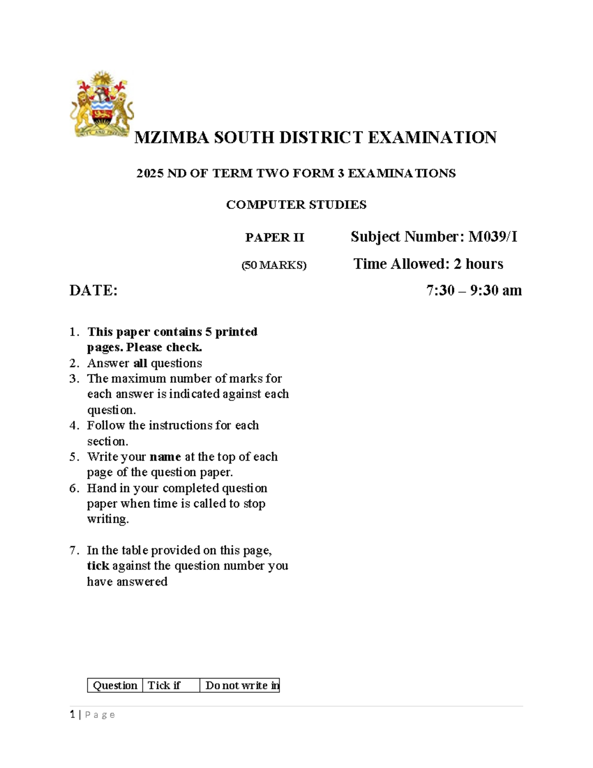 Computer Studies FORM 3 Paper II - MZIMBA SOUTH DISTRICT EXAMINATION ...