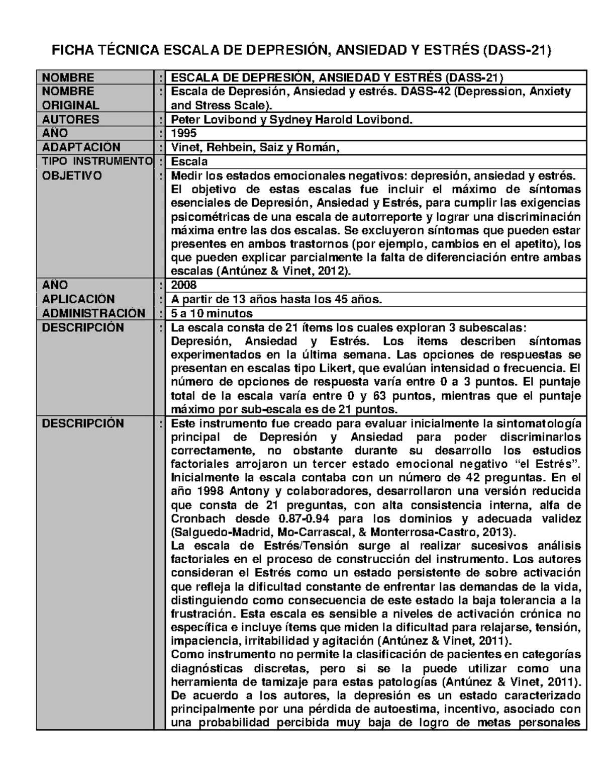 Ficha Técnica de la Escala DASS-21 sobre Depresión, Ansiedad y Estrés - Studocu