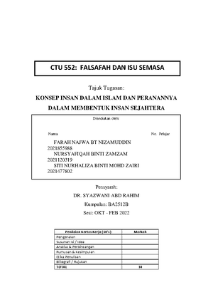Assignment CTU552 - CTU 552 ILMU FALSAFAH DAN ISU SEMASA Tajuk Kertas Kerja DISEDIAKAN OLEH ...
