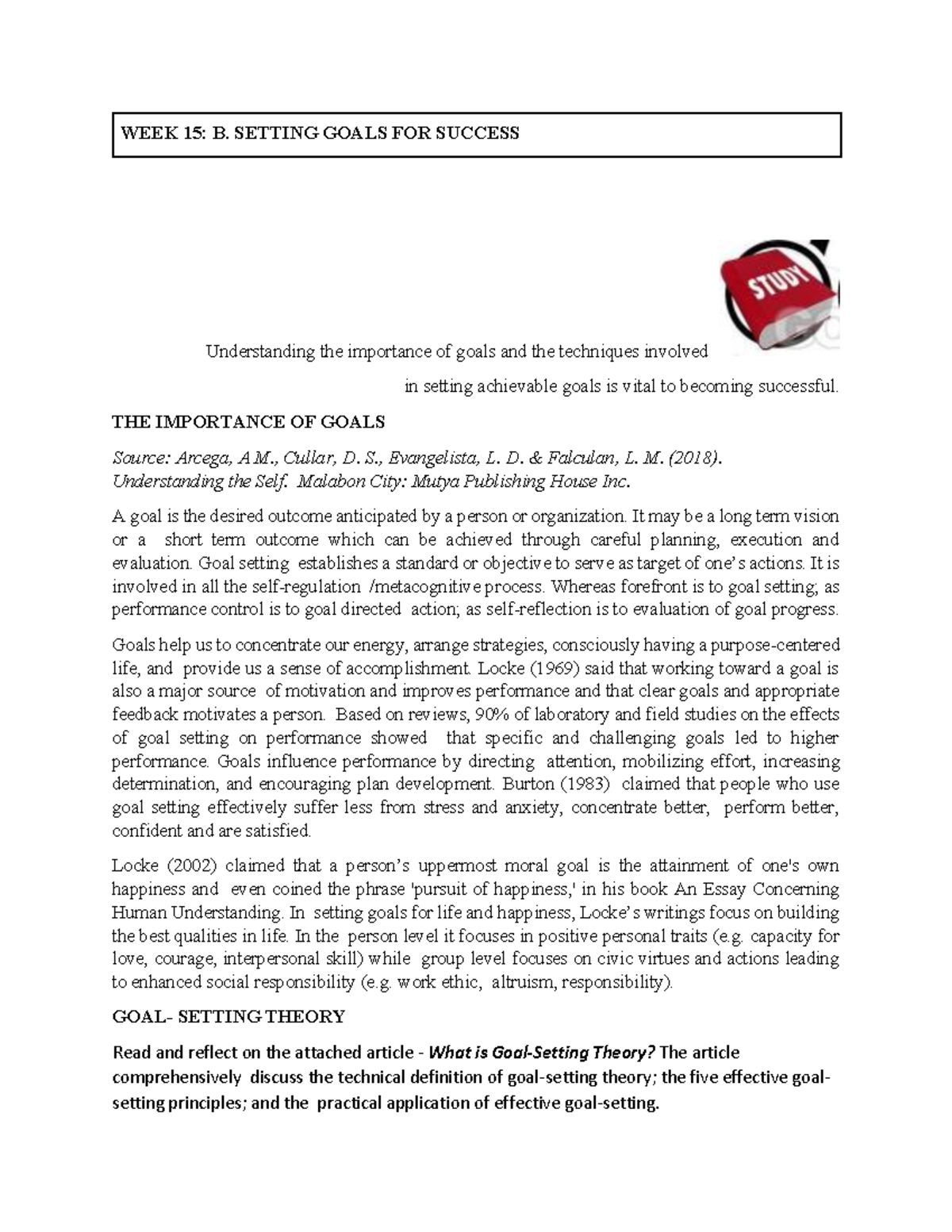 UTS-9-1 - WEEK 15 LECTURE NOTES ON GOAL SETTING FOR SUCCESS - Studocu